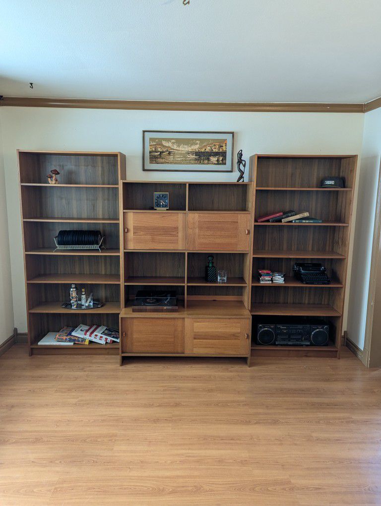 MCM Danish Modern Teak Wall Unit Domino Mobler Record Cabinet & Booksh ...